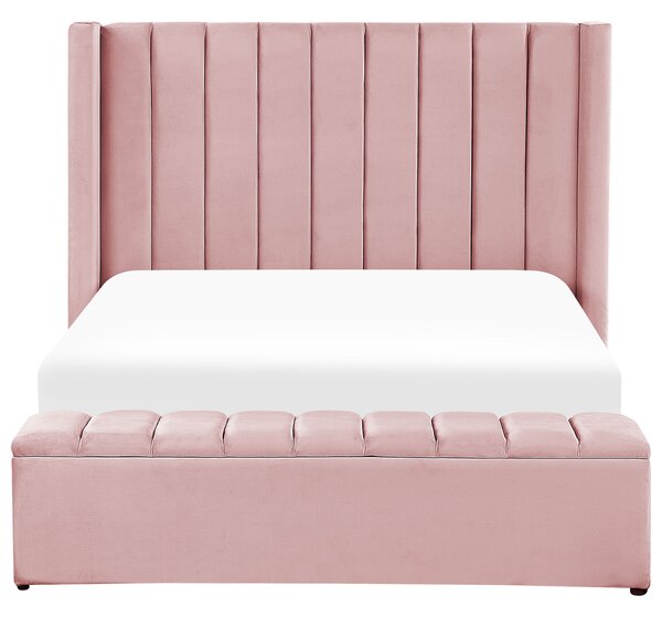 Pat cu bancă de depozitare Catifea NOYERS 140 x 200 cm Roz | FAVI.ro