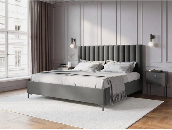 Pat matrimonial gri tapițat cu spațiu de depozitare și somieră 180x200 ...