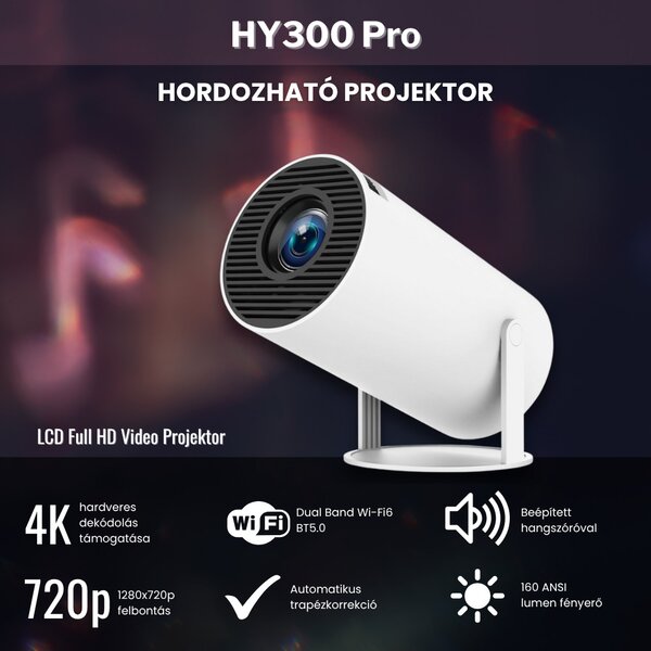Proiector LED HY300 Pro Portabil pentru Cinema Acasă, Wi-Fi, Android, cu suport 720p și 4K | FAVI.ro