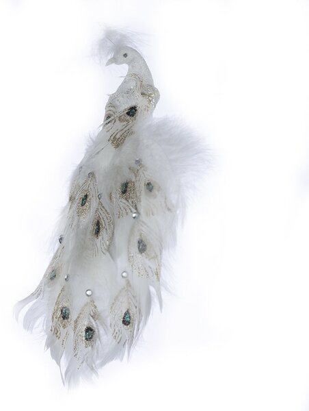 Decoratiune Craciun, pasare paun cu glitter si strasuri, alb, 29cm ...