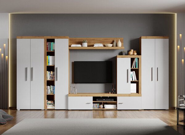 Set Mobilier Living Alb cu Stejar Auriu Crispy-C06 | FAVI.ro