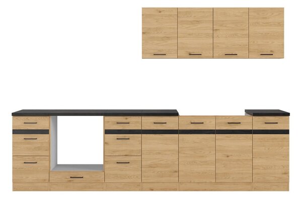 Set bucatarie JUNONA LINE, stejar, PAL, 300 cm, cu blat negru | FAVI.ro