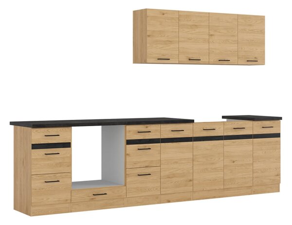 Set bucatarie JUNONA LINE, stejar, PAL, 300 cm, cu blat negru | FAVI.ro