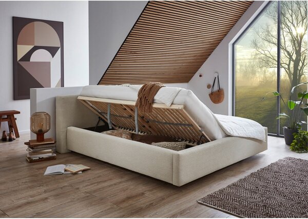 Pat matrimonial bej tapițat cu spațiu de depozitare cu somieră 180x200 ...