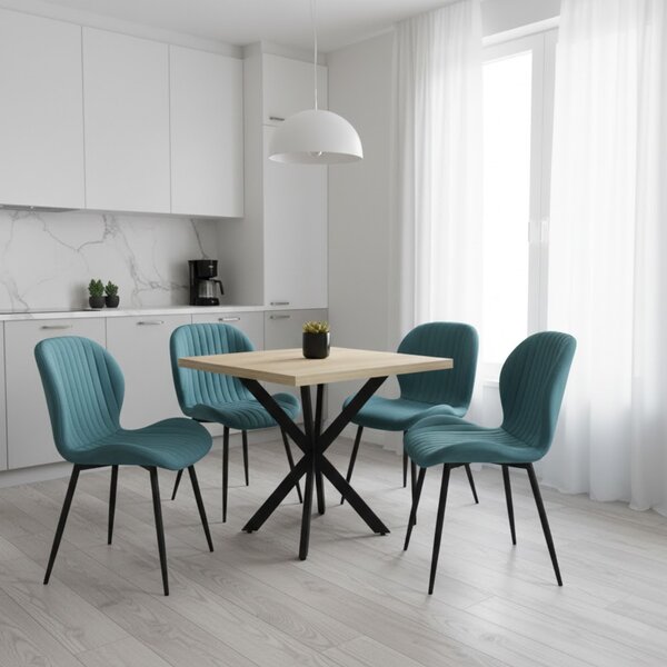 Set Masă fixă Pătrată Tania X Stejar cu 4 Scaune Opal Turcoaz | FAVI.ro
