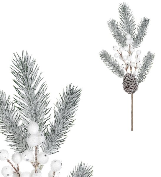 Ramură artificială Fructe albe și con de pin, 35cm | FAVI.ro