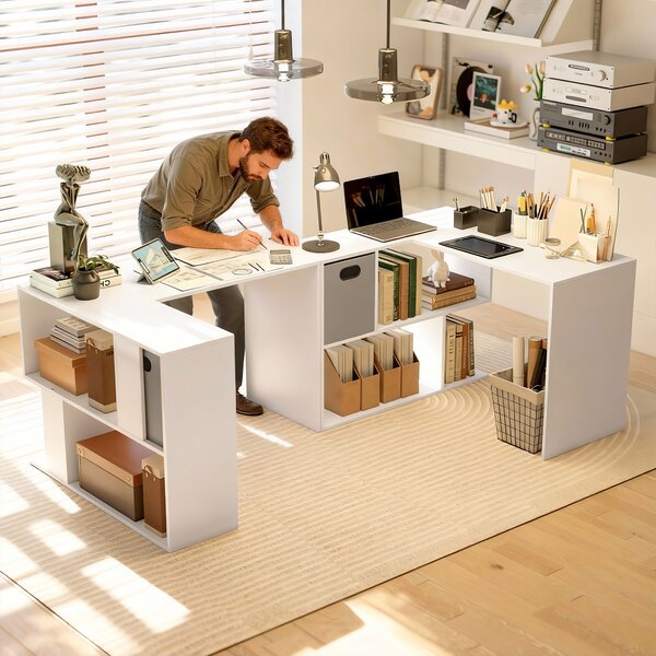 HOMCOM Birou de colț, birou pentru calculator cu sertar din țesătură și ...