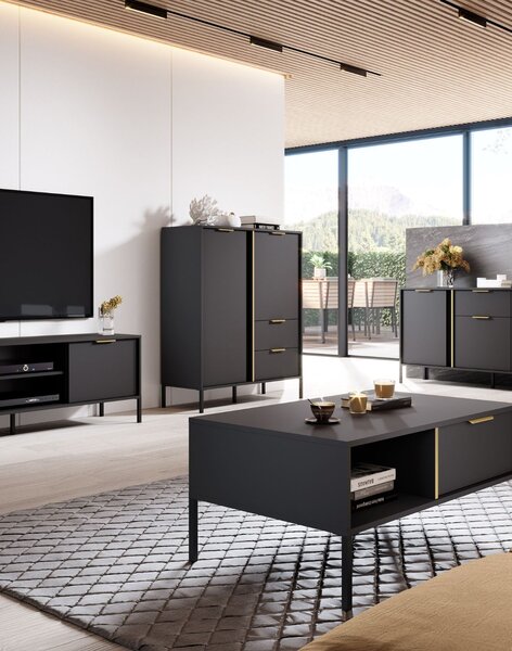 Comodă înaltă cu 2 uși și 2 sertare Lars, antracit/auriu | FAVI.ro