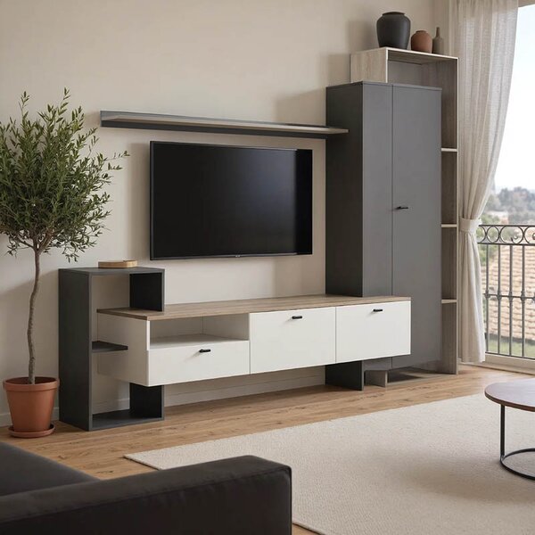 Set Living Diamond PAL Negru-Stejar-Alb 240x45.5x189.5cm | FAVI.ro