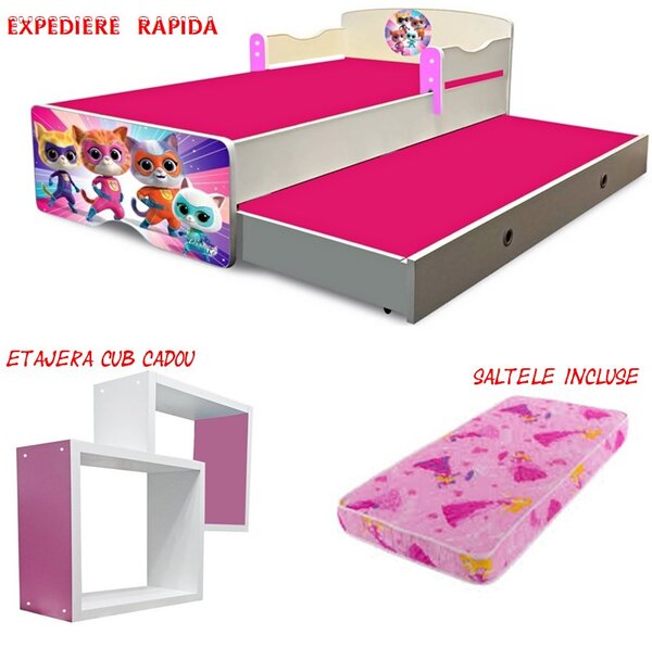 Pat 2 copii Super Kitty cu saltele de 160x80 si 140x70 incluse | FAVI.ro