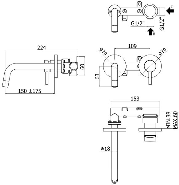 Kronenbach Lima 2.0 Black baterie lavoar ascuns negru 100.1814SMKBN ...