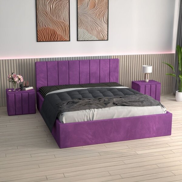 Pat Tapitat Sorin Mov + Saltea Lux Ortopedica + Noptiere Tapitate ...