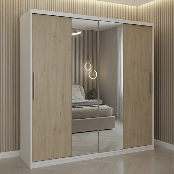 Dulap dressing Londra 2 usi cu oglinda, 200 cm, Alb/Sonoma | FAVI.ro